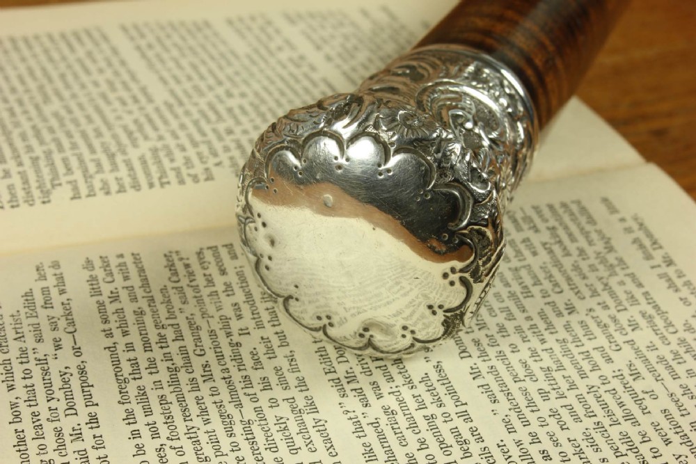 Antique Silver Top & Tiger Maple Walking Stick Cane. Victorian. 1890.