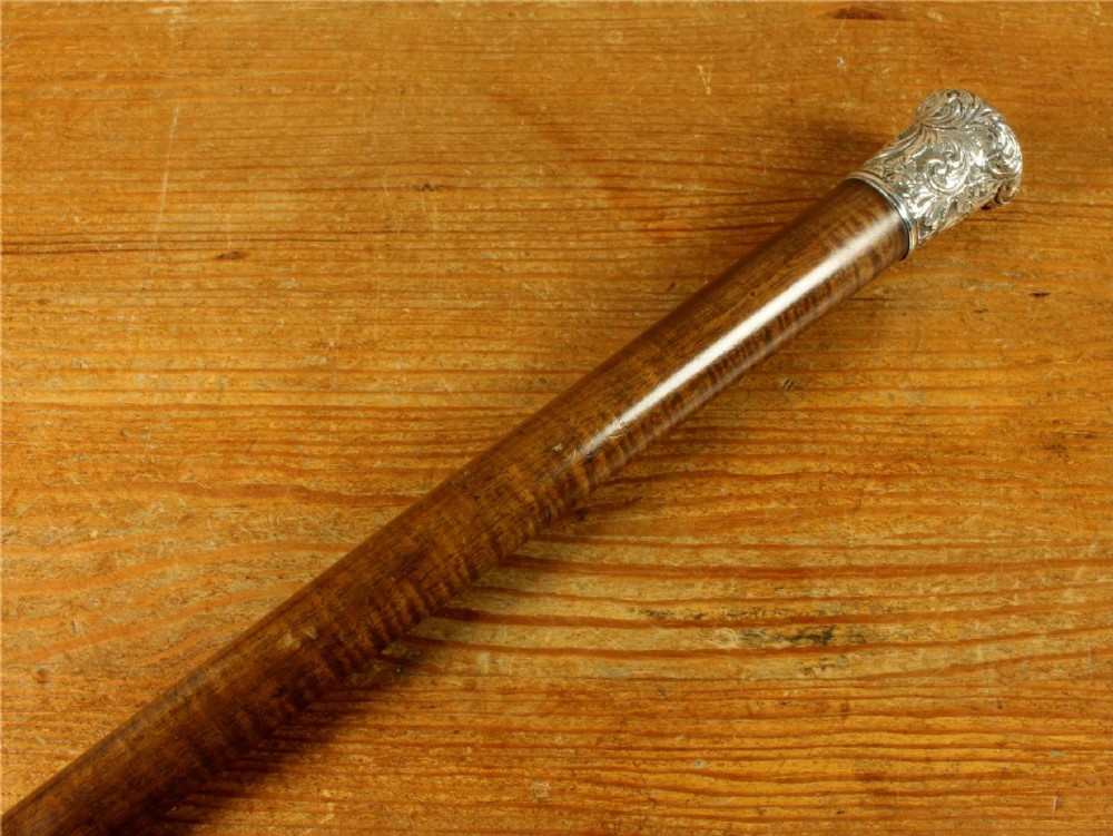 Antique Silver Top & Tiger Maple Walking Stick Cane. Victorian. 1890.